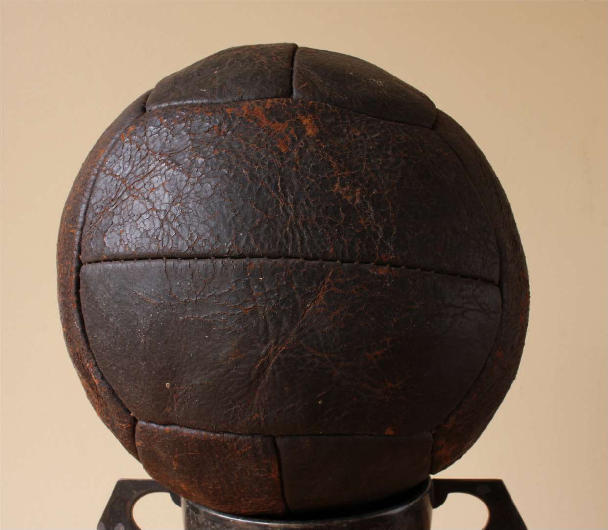 Red Laced Size 4 Leather Football. 12 Panel Soccer Display Ball. c1930.