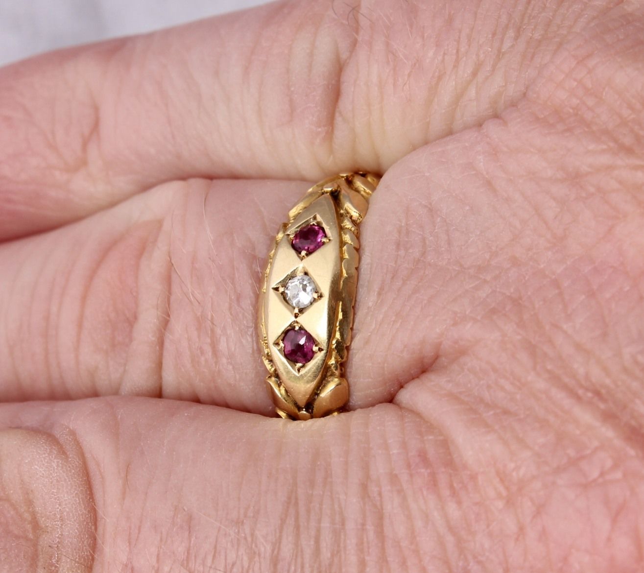 Antique Victorian 18ct Gold, Diamond & Ruby Gypsy Ring. 1895. Size N.