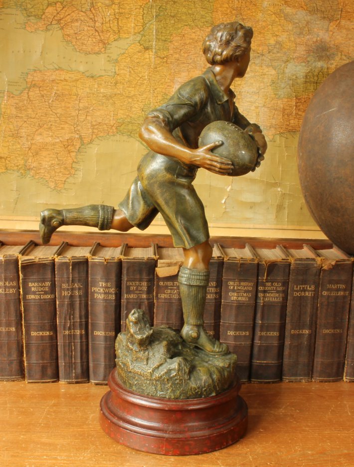 Large French 19th Century Foot-Ball Statue. Rugby Footballer Figure.