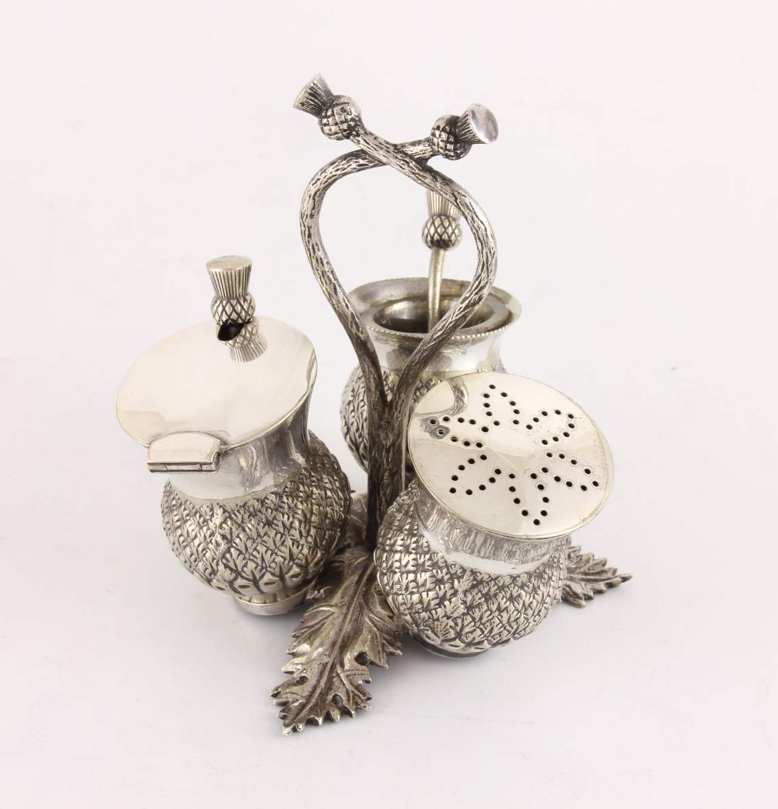 Scottish Thistle Silver Plate Condiment Set. Gilmour & Watson Glasgow.