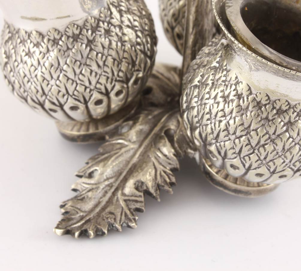 Scottish Thistle Silver Plate Condiment Set. Gilmour & Watson Glasgow.
