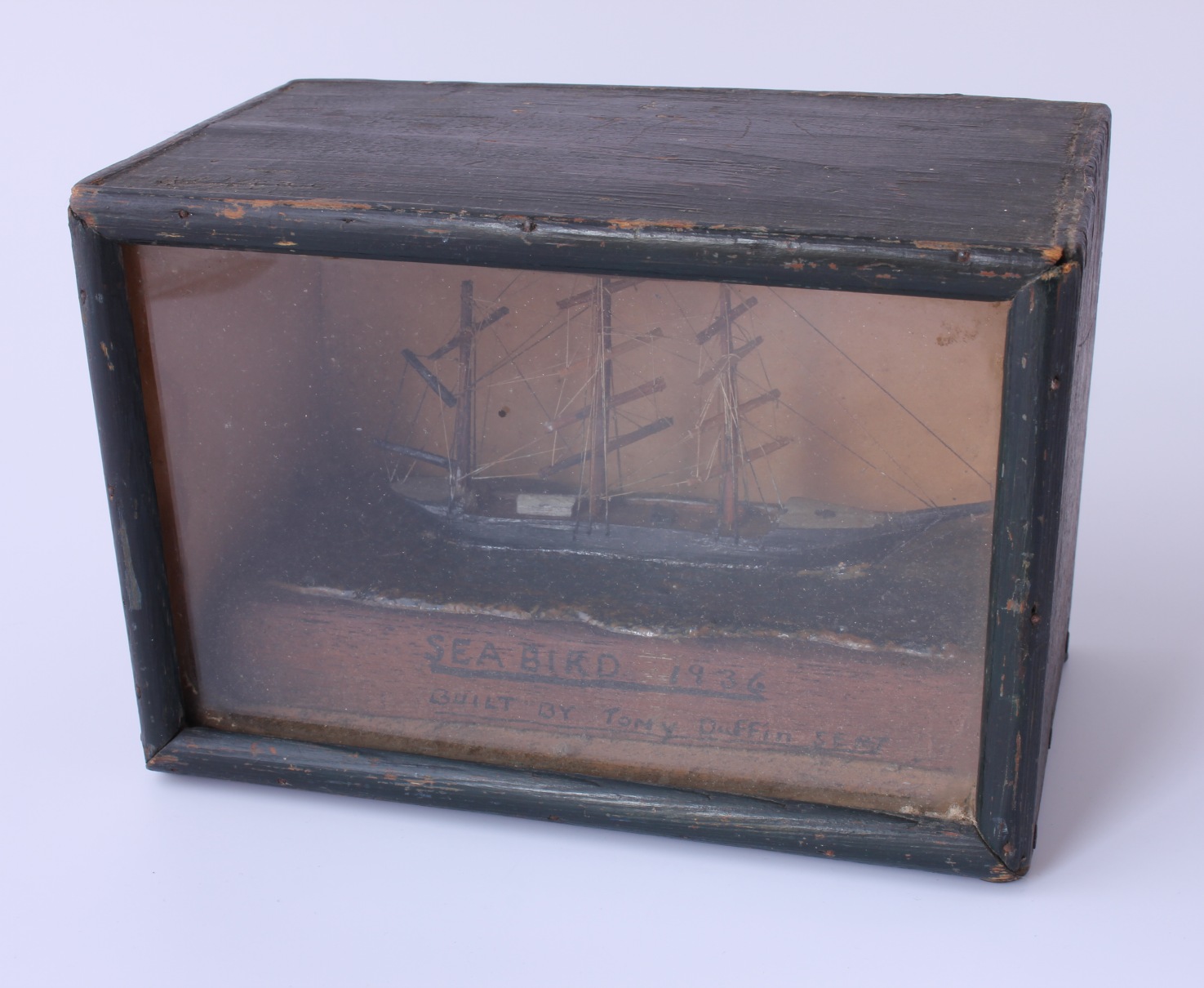 Scratch Built Ship in a Box. Sea Bird 1936. Handmade Folk Art Model Boat.