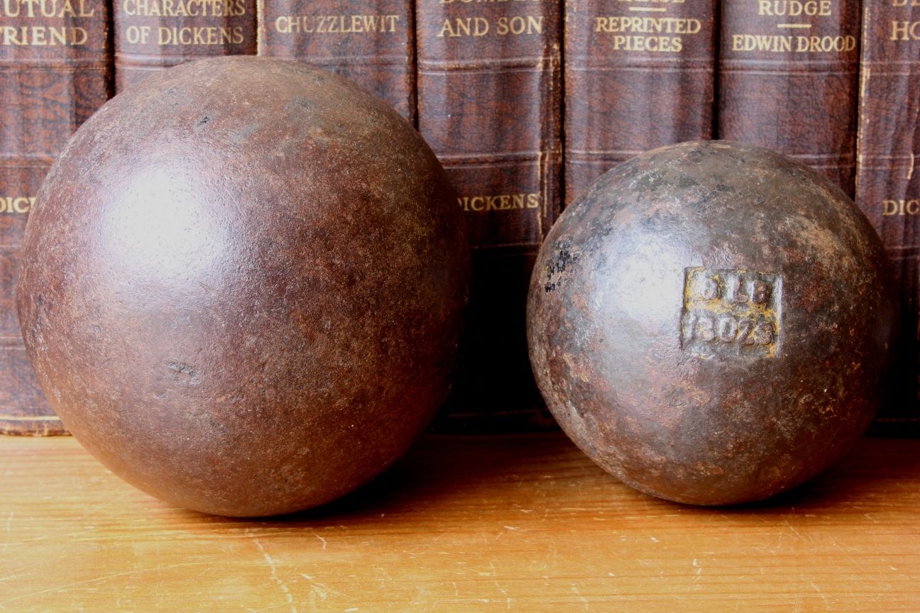 Three Cast Iron Shot Puts. 16, 8 & 4 lbs Balls.