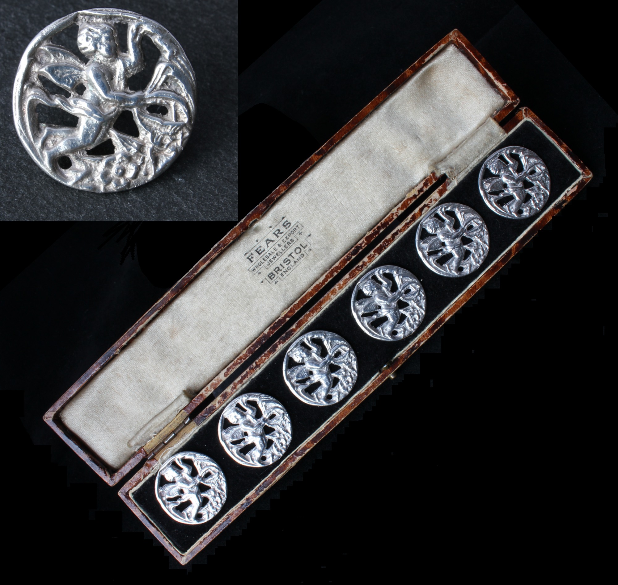 Six Art Nouveau Cased Solid Silver Angel Cherub Buttons. 1919. Nathan & Hayes.