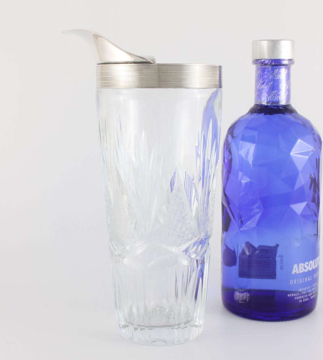 Italian Silver & Cut Glass Cocktail Pitcher. Art Deco Martini Mixer Jug.