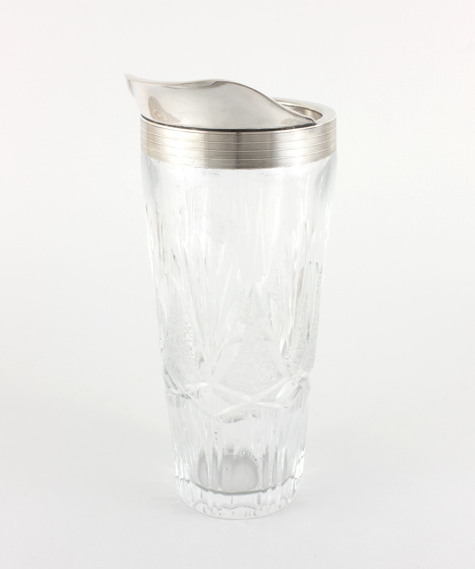 Italian Silver & Cut Glass Cocktail Pitcher. Art Deco Martini Mixer Jug.