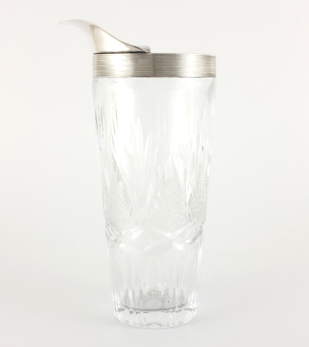 Italian Silver & Cut Glass Cocktail Pitcher. Art Deco Martini Mixer Jug.