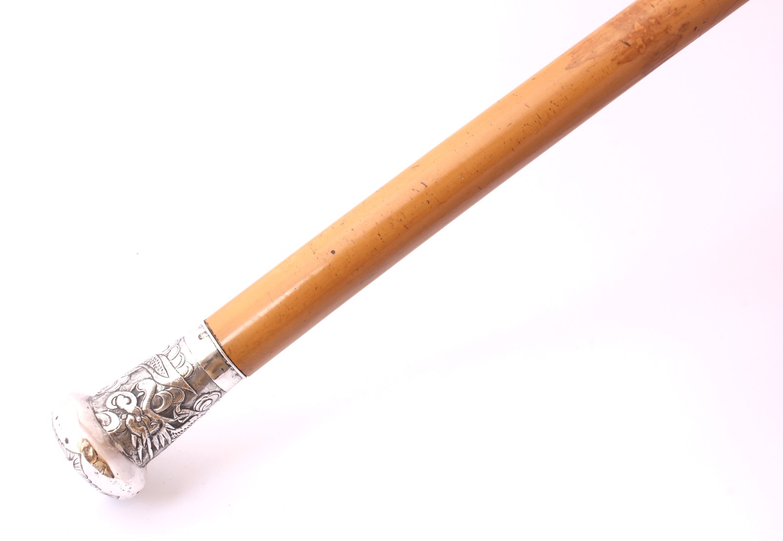 Chinese Dragon Silver Handled & Malacca Walking Stick Cane. c1880.