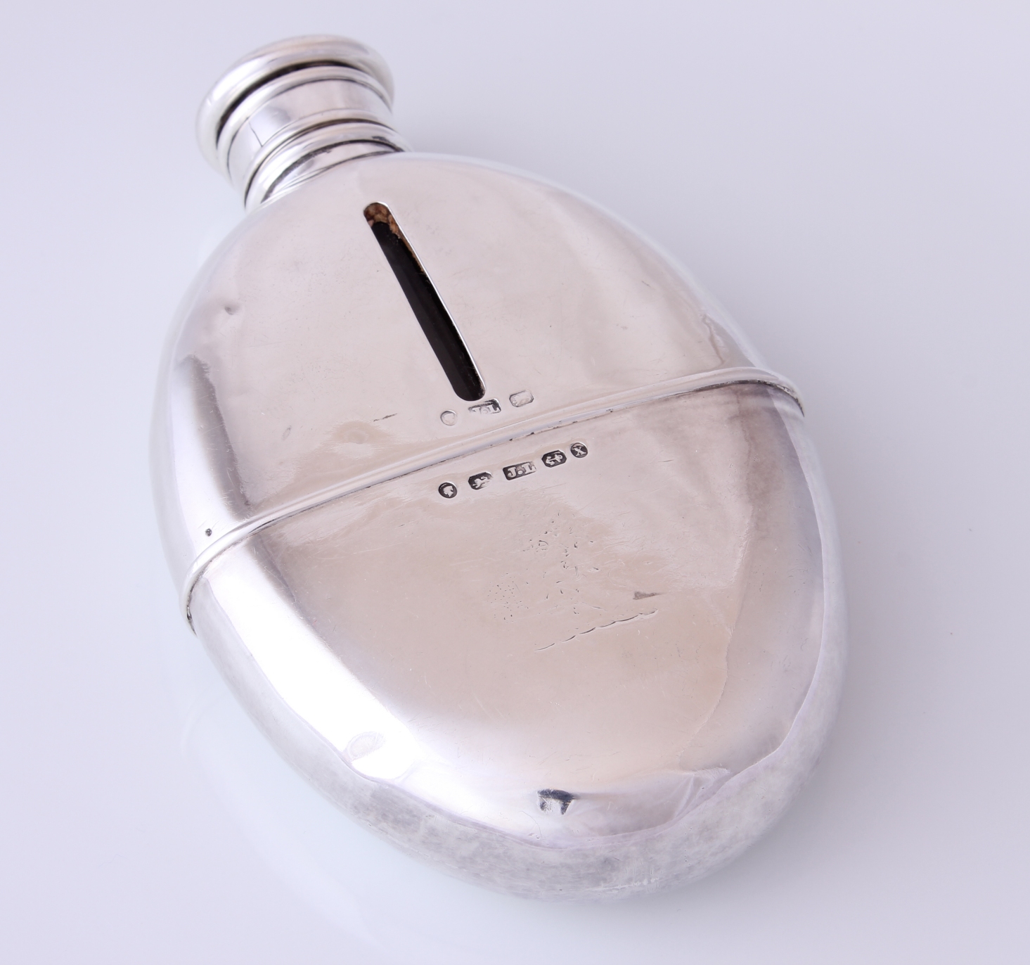 Solid Silver and Glass Oval Hip Spirit Flask Birmingham 1872 Victorian