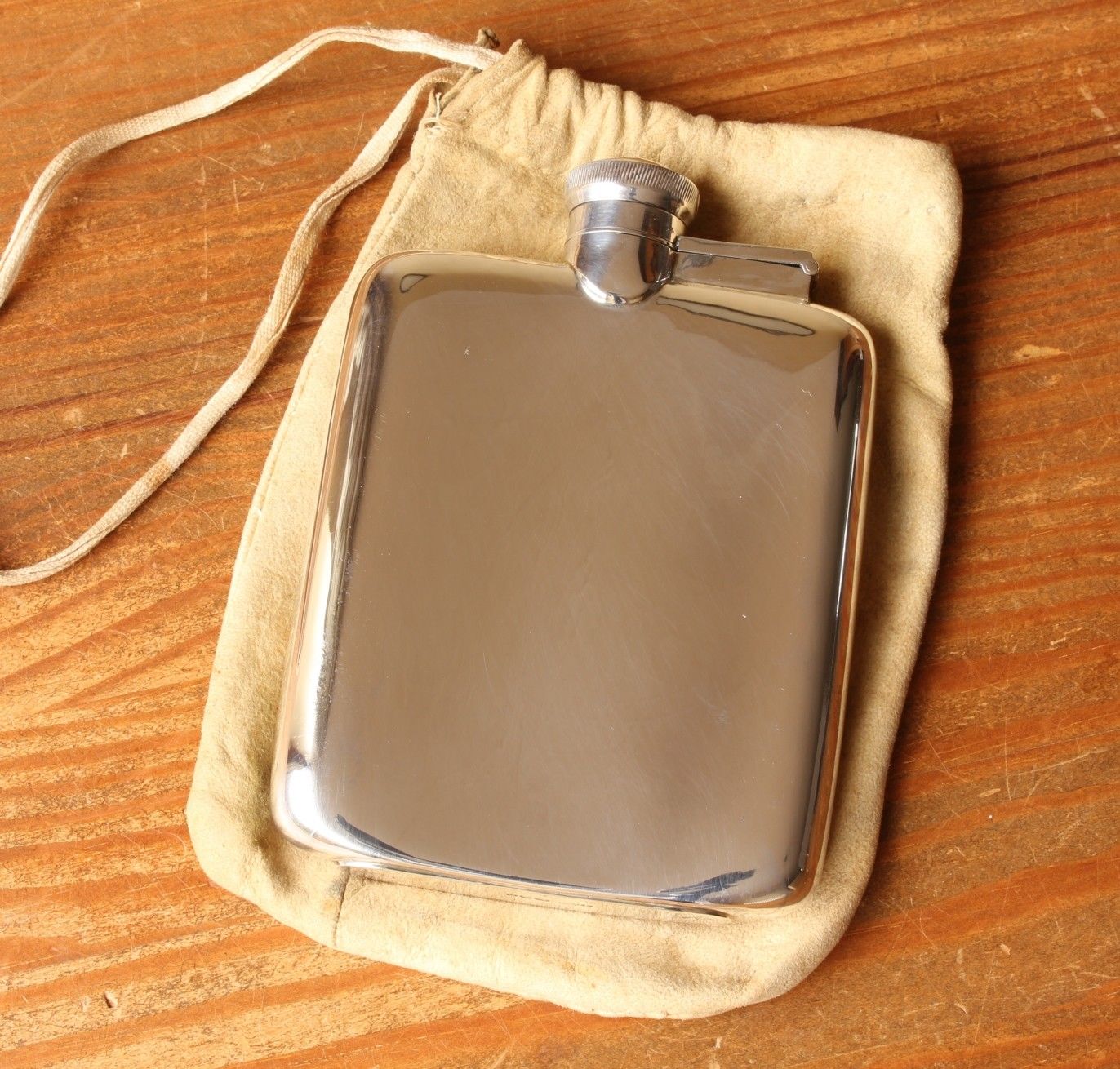Solid Silver Hip Spirit Flask & Leather Pouch. James Dixon 1945.