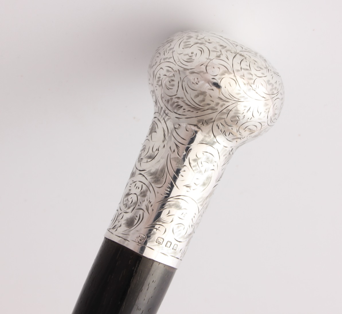 Antique Silver Ebony Walking Stick Cane. Hallmarked 1921.