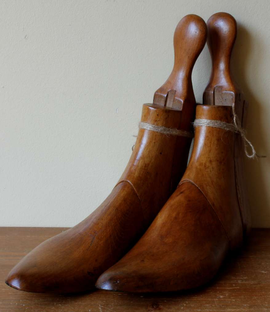 Pair of Wooden 3 Part Hinged Boot Lasts. Wood Treen Trees. Shoe Shop.