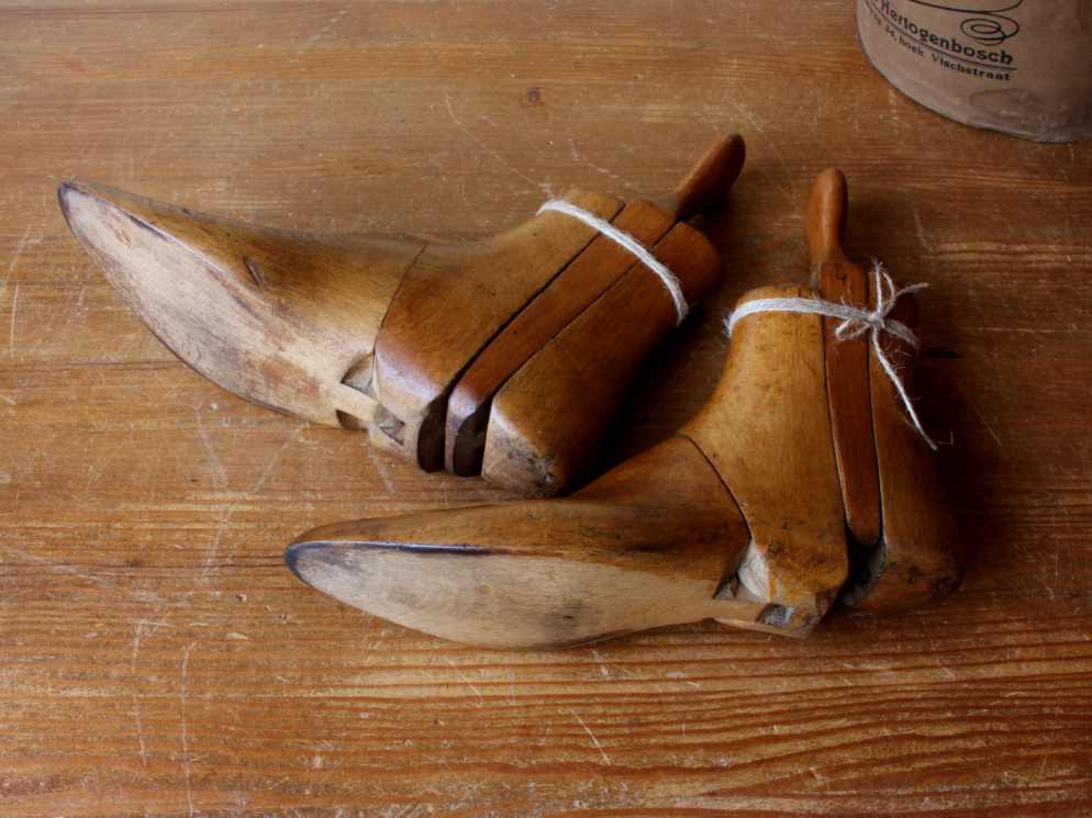 Pair of Wooden 3 Part Hinged Boot Lasts. Wood Treen Trees. Shoe Shop.