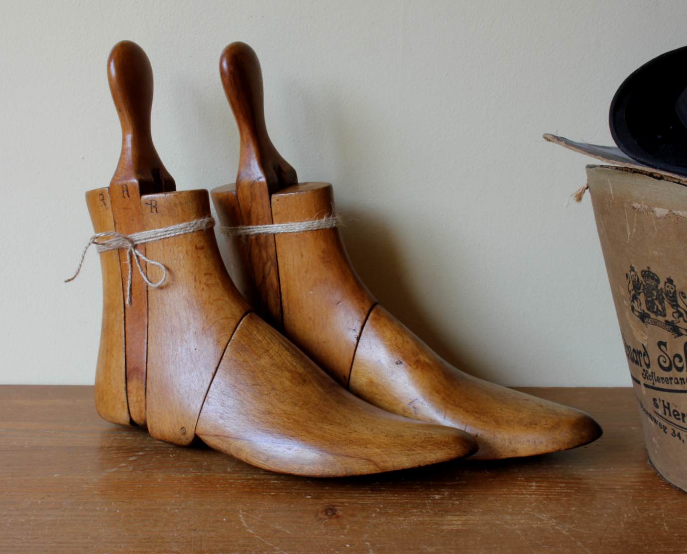 Pair of Wooden 3 Part Hinged Boot Lasts. Wood Treen Trees. Shoe Shop.