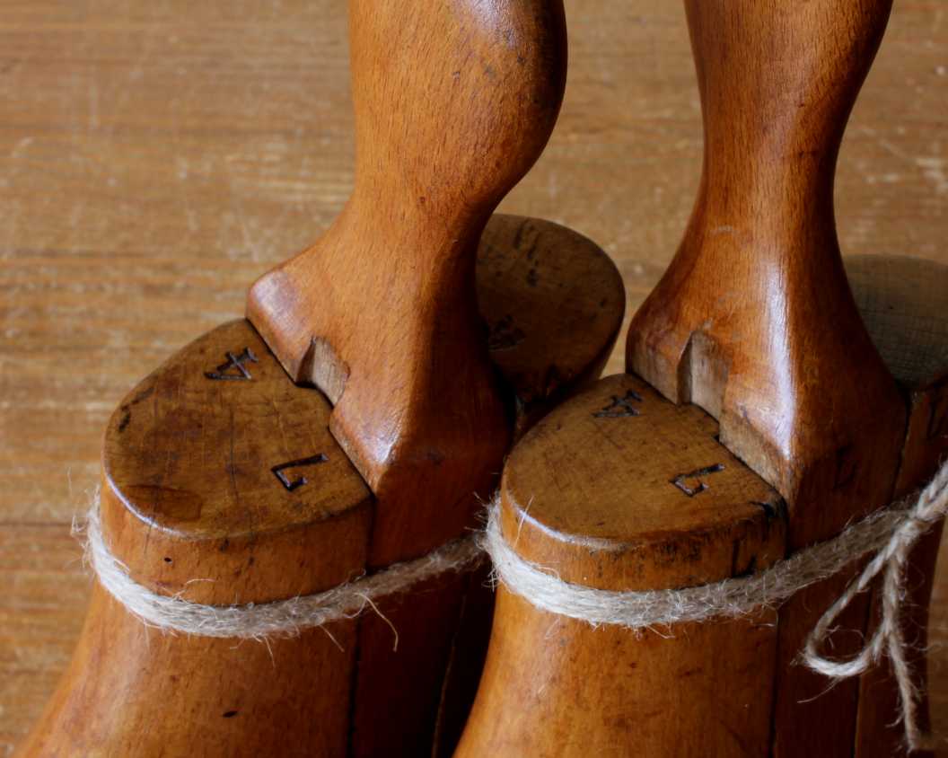 Pair of Wooden 3 Part Hinged Boot Lasts. Wood Treen Trees. Shoe Shop.