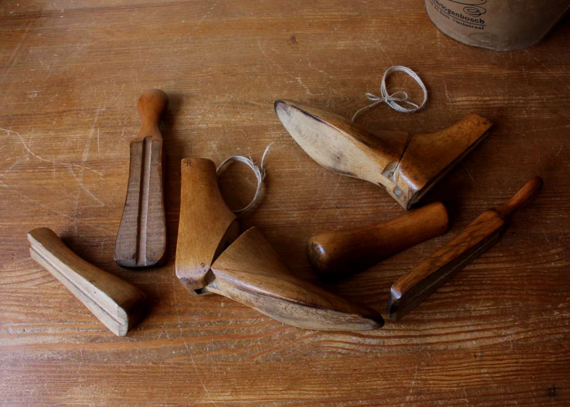 Pair of Wooden 3 Part Hinged Boot Lasts. Wood Treen Trees. Shoe Shop.