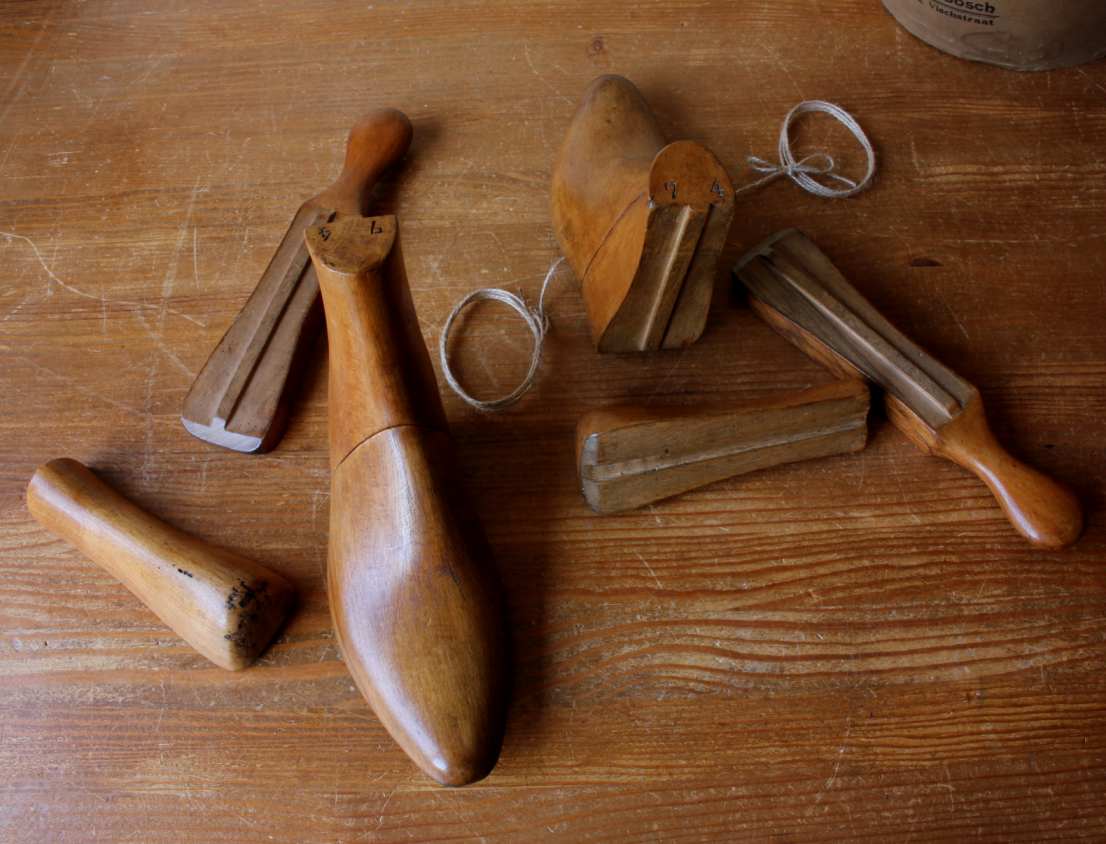 Pair of Wooden 3 Part Hinged Boot Lasts. Wood Treen Trees. Shoe Shop.