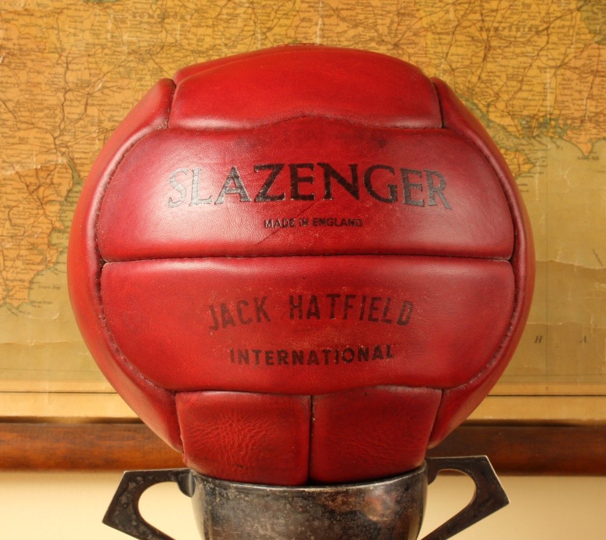 Slazenger Laceless Red Leather Jack Hatfield Football. Old Soccer Ball.