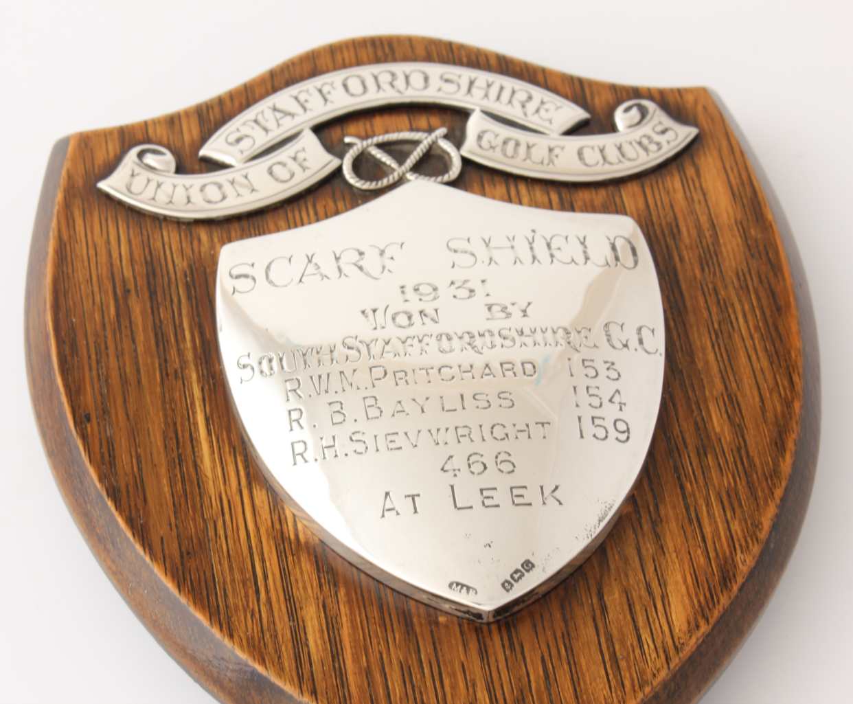 Silver Staffordshire Union Of Golf Clubs Scarf Shield Trophy. Leek 1931.