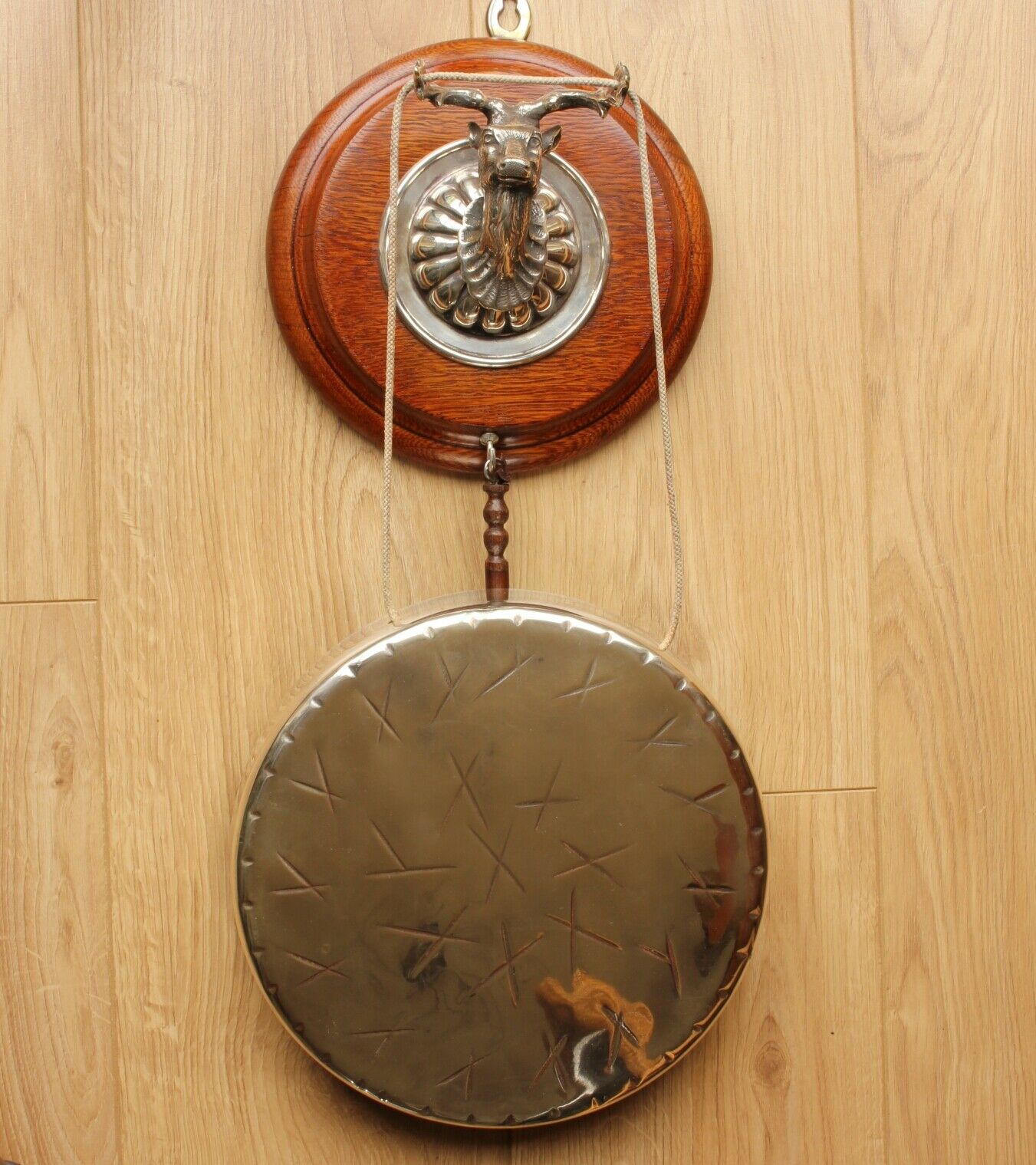 Large Silver Plate & Brass Stag Head Wall Dinner Gong.