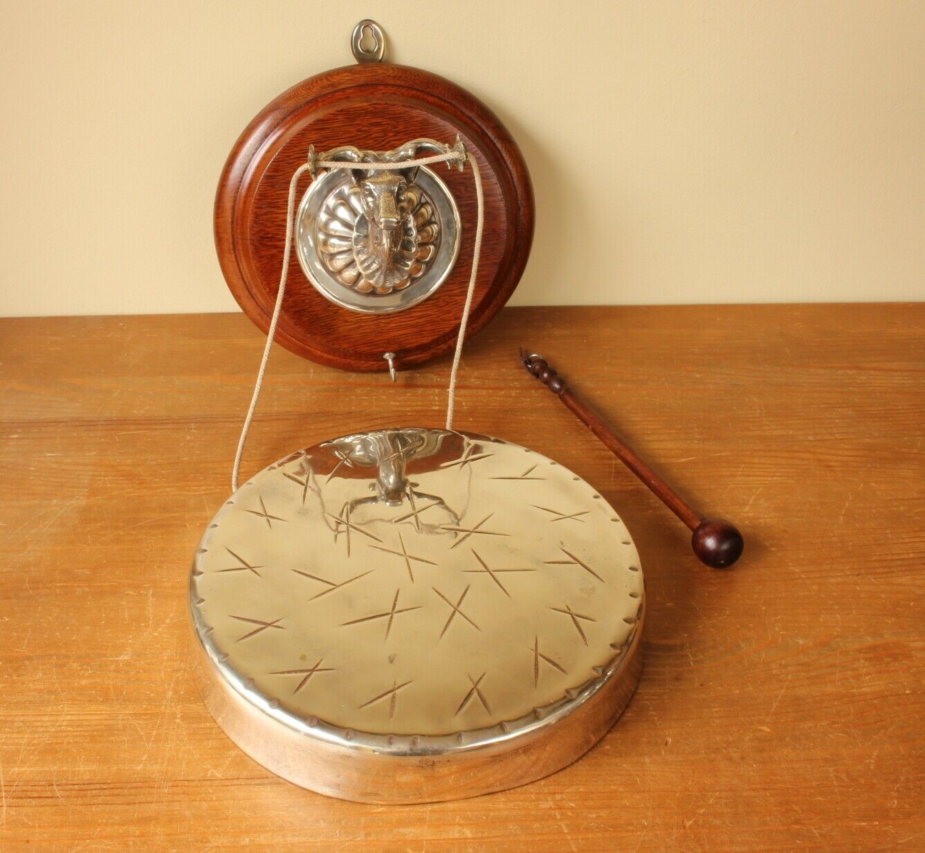 Large Silver Plate & Brass Stag Head Wall Dinner Gong.