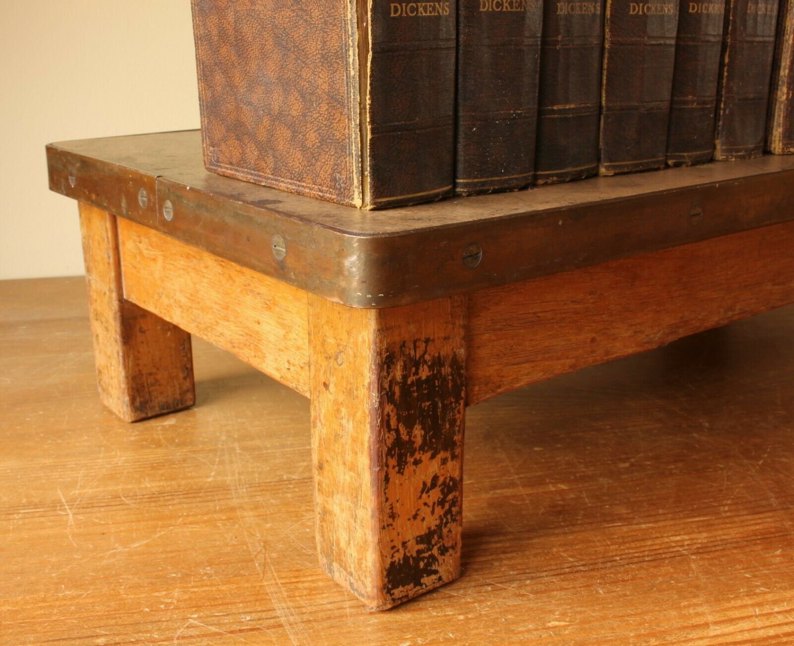 Oak & Brass Desk Top Riser. 1950s Staverton Industrial Factory Table ...