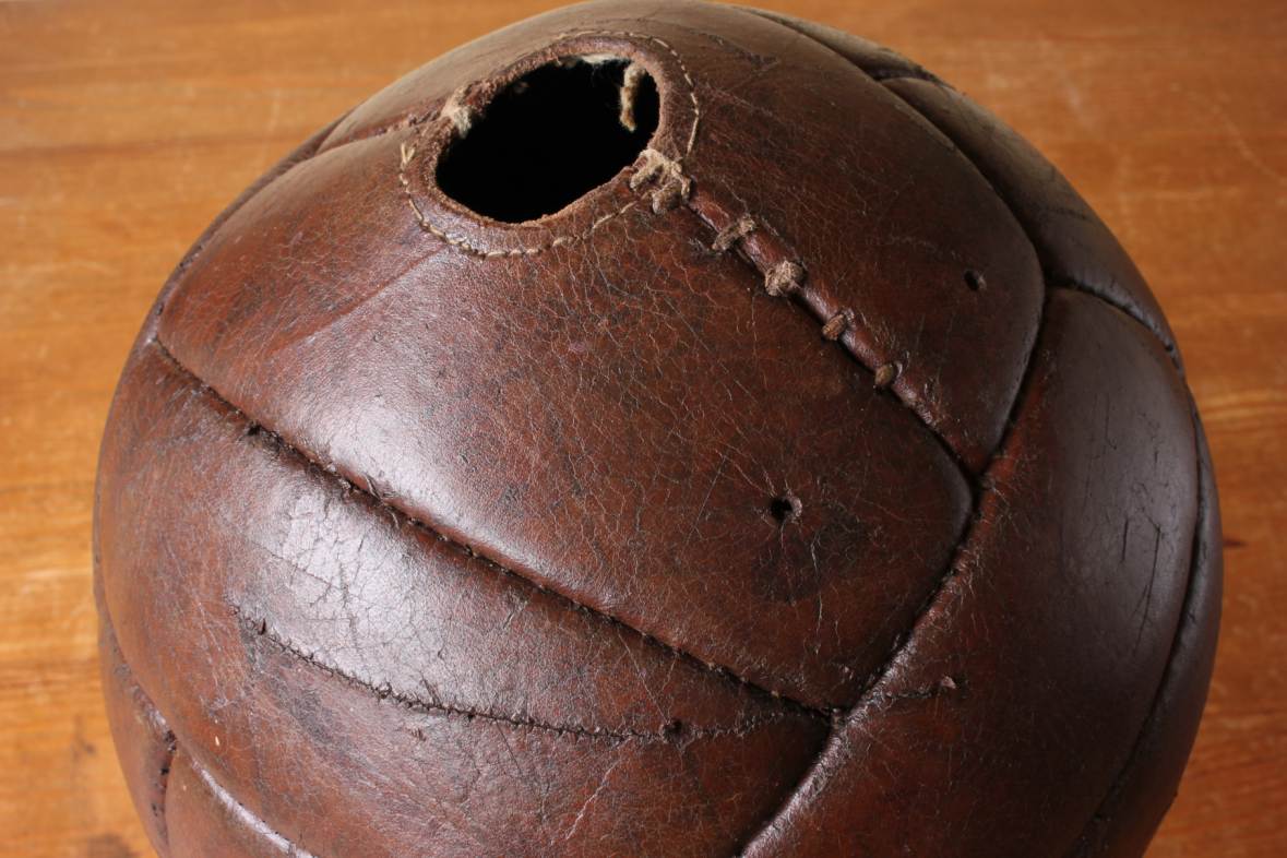 Large Vintage Superball Football. 18 Panel Leather Soccer Ball. 1950.