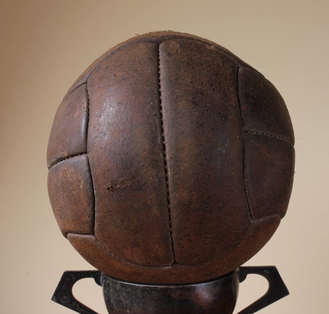 Laced 12 Panel Leather Football. Display Soccer Ball. Vintage c1950.