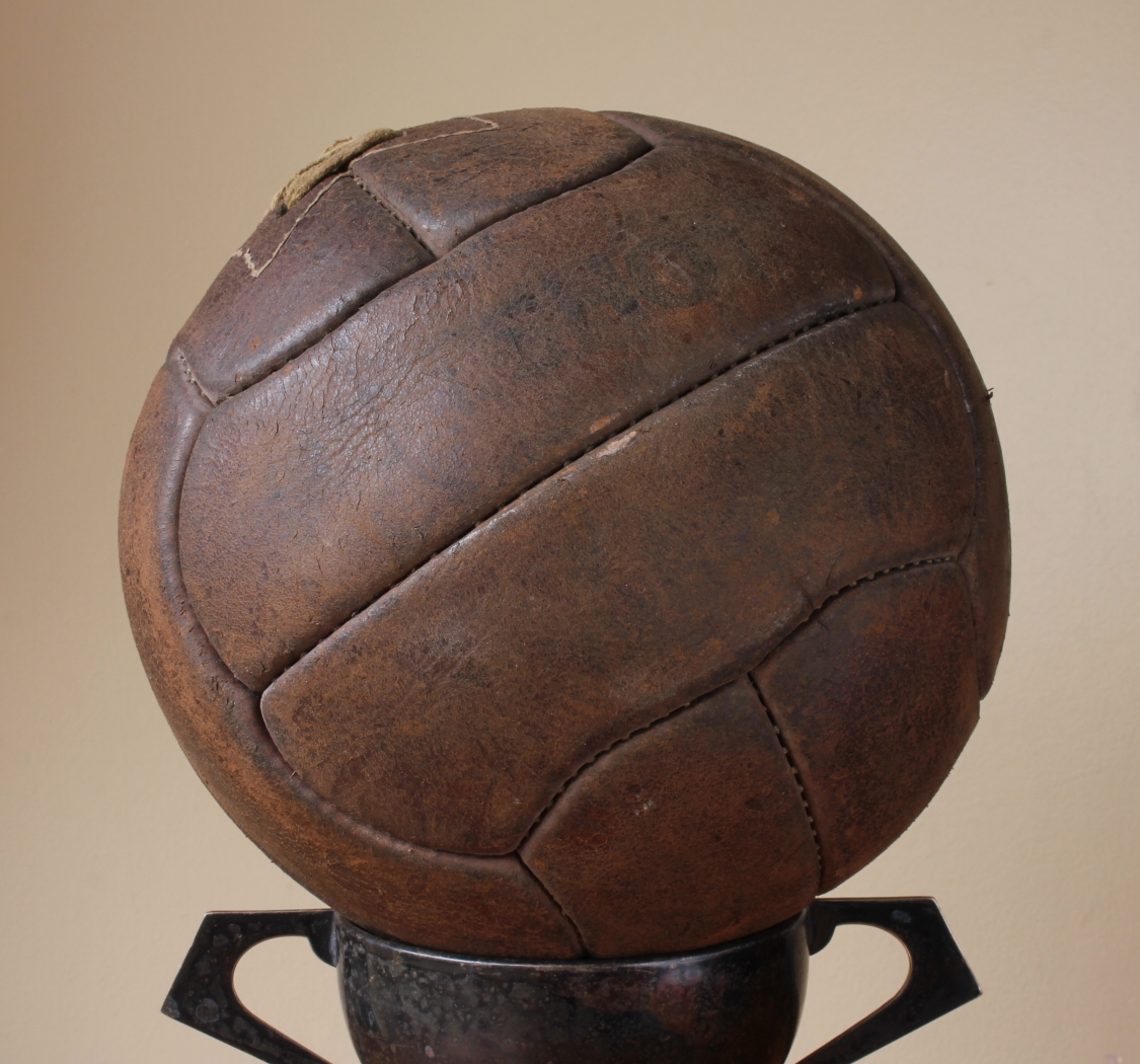 Laced 12 Panel Leather Football. Display Soccer Ball. Vintage c1950.