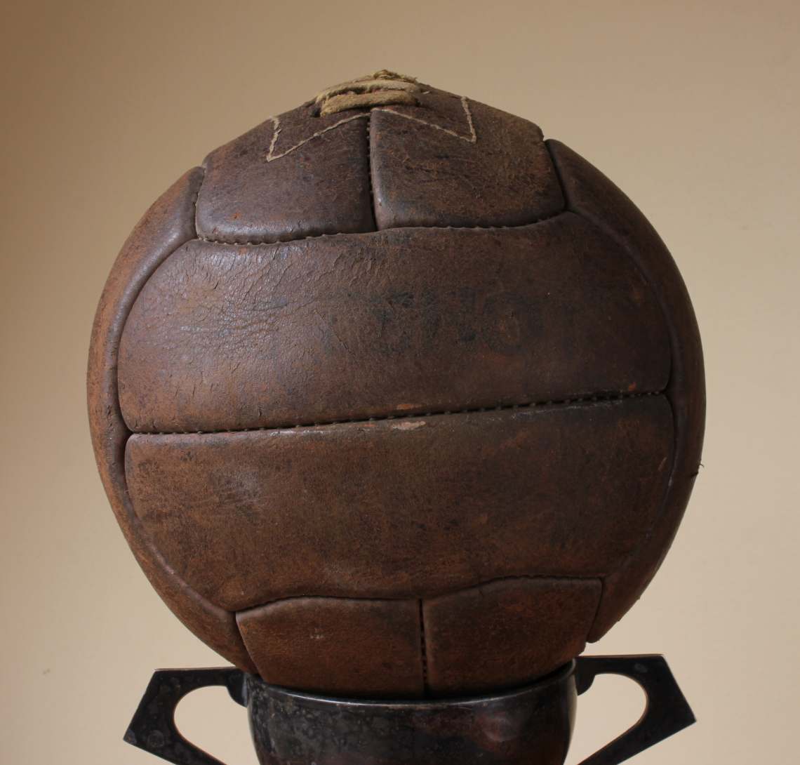 Laced 12 Panel Leather Football. Display Soccer Ball. Vintage c1950.
