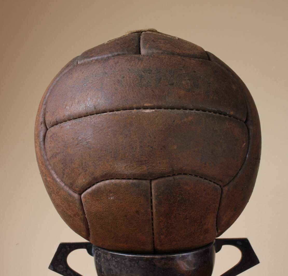 Laced 12 Panel Leather Football. Display Soccer Ball. Vintage c1950.