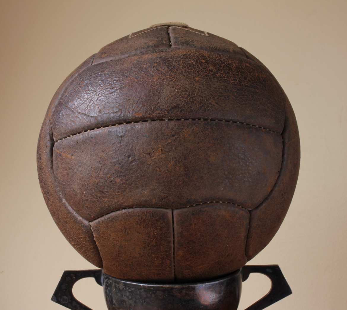 Laced 12 Panel Leather Football. Display Soccer Ball. Vintage c1950.