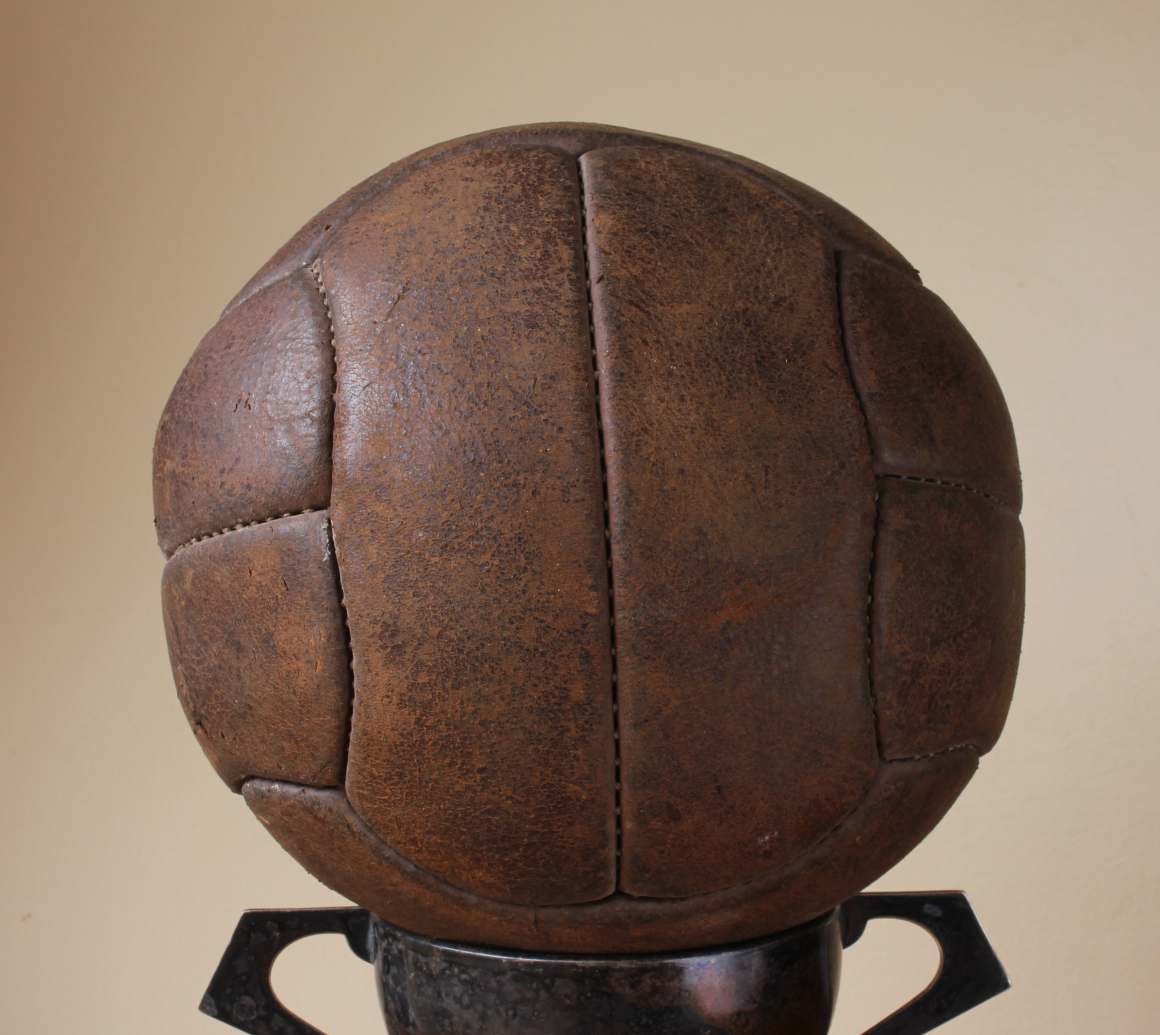 Laced 12 Panel Leather Football. Display Soccer Ball. Vintage c1950.