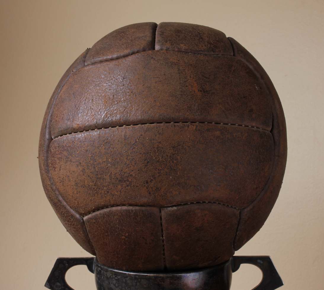 Laced 12 Panel Leather Football. Display Soccer Ball. Vintage c1950.