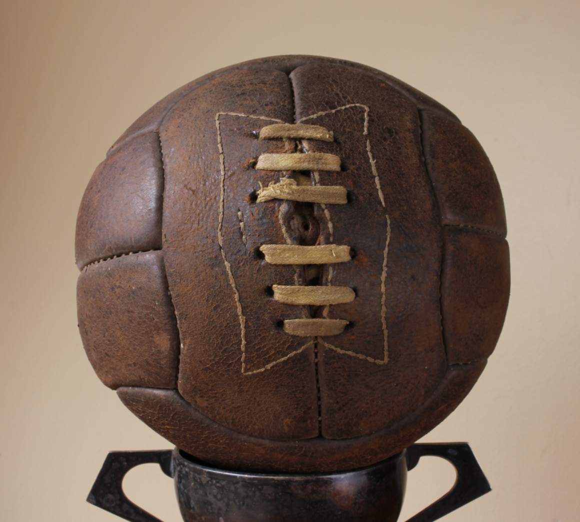 Laced 12 Panel Leather Football. Display Soccer Ball. Vintage c1950.