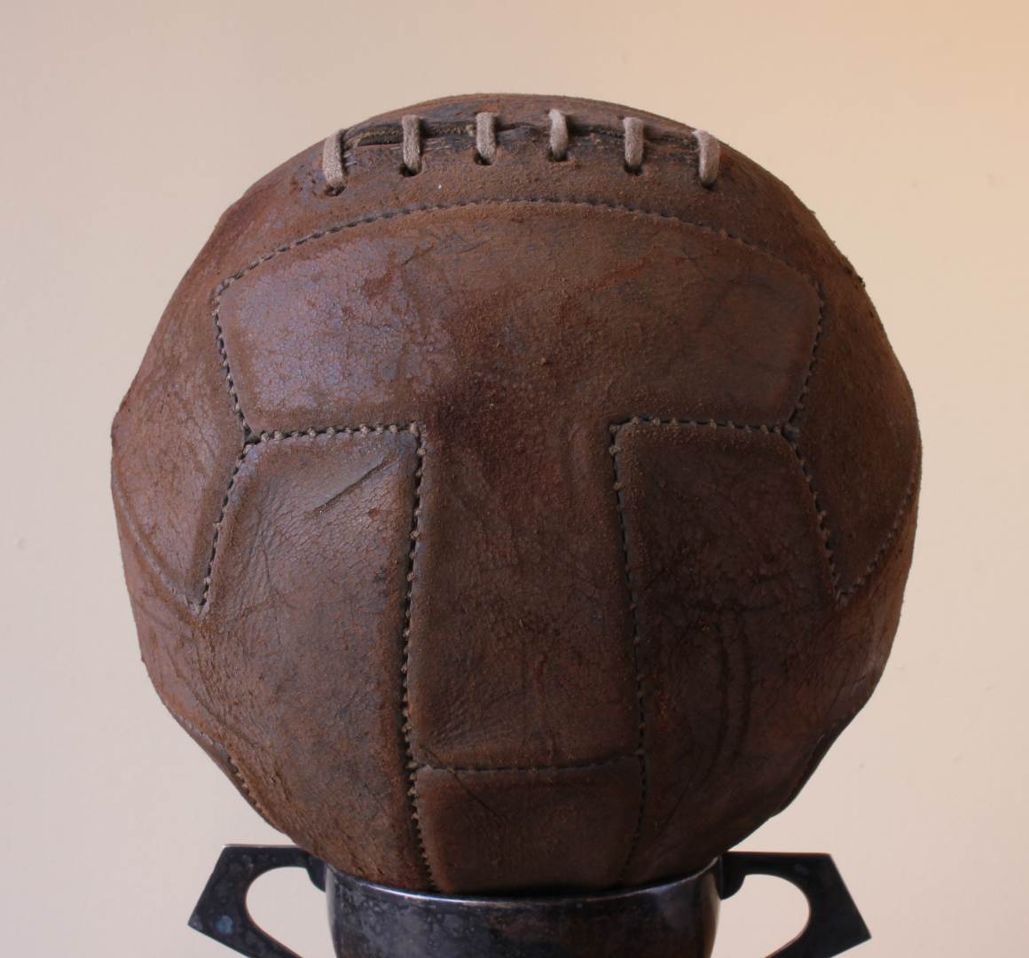 T Panel Football. Old Leather 6 Lace Soccer Display Ball. c1930.