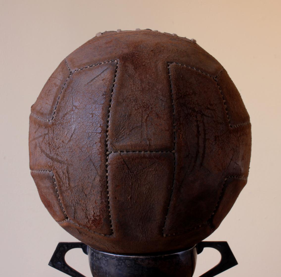 T Panel Football. Old Leather 6 Lace Soccer Display Ball. c1930.