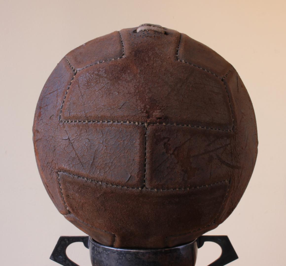 T Panel Football. Old Leather 6 Lace Soccer Display Ball. c1930.