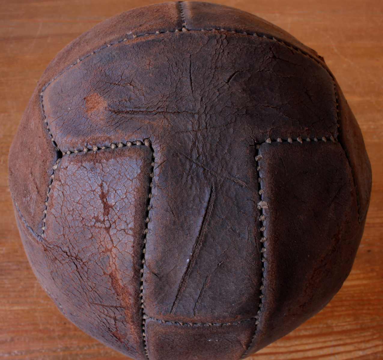 T Panel Football. Old Leather 6 Lace Soccer Display Ball. c1930.