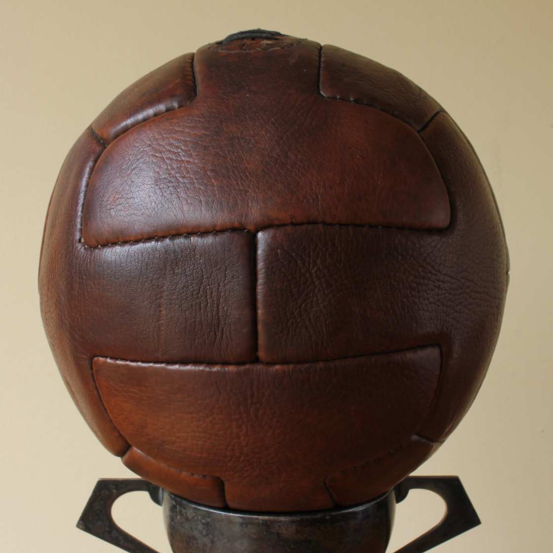 Vintage Leather T Panel Football. Old Laced Soccer Display Ball. c1960.