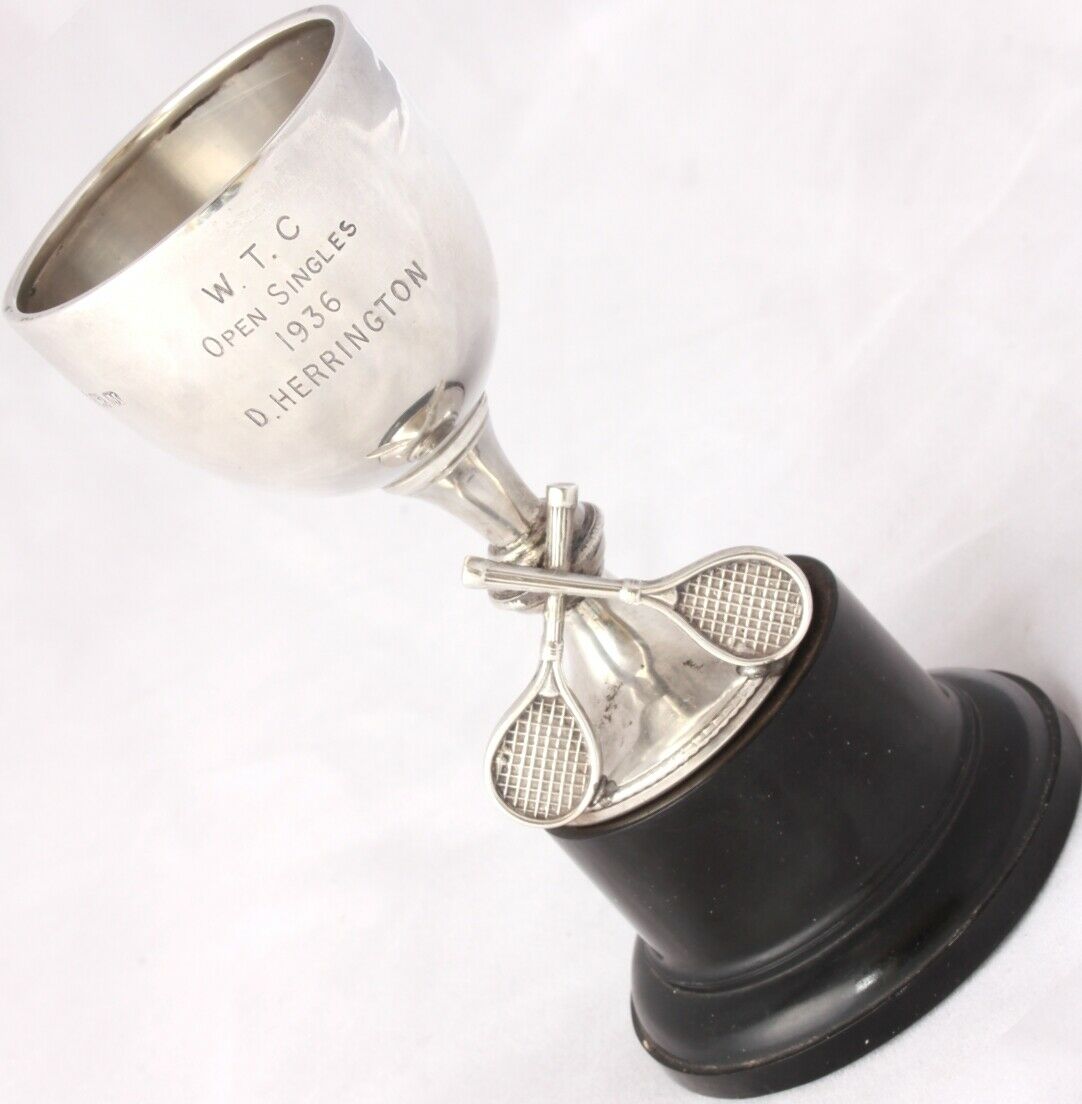 Solid Silver Tennis Racket Trophy Cup. W.T.C Open Singles 1936.