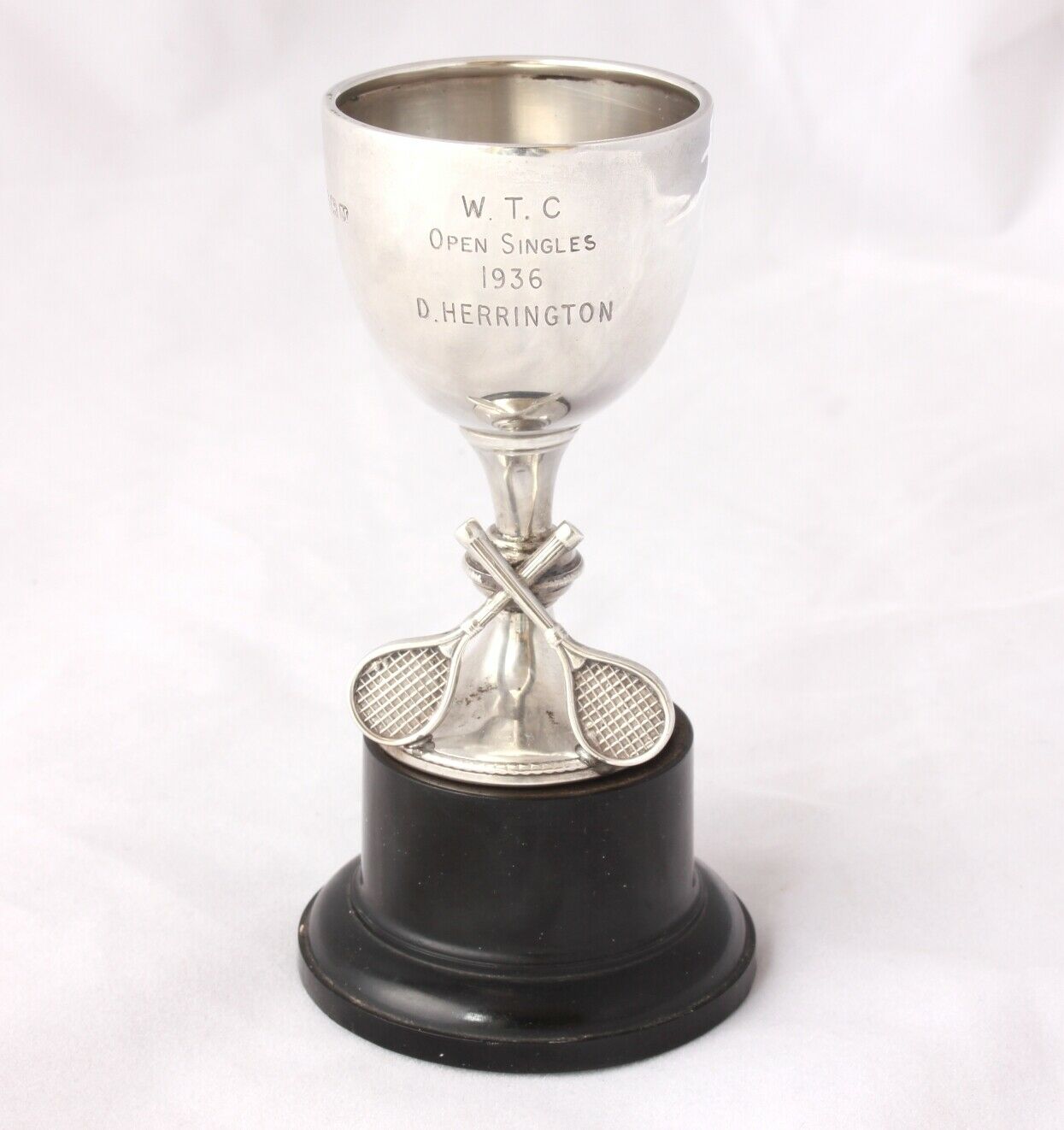 Solid Silver Tennis Racket Trophy Cup. W.T.C Open Singles 1936.