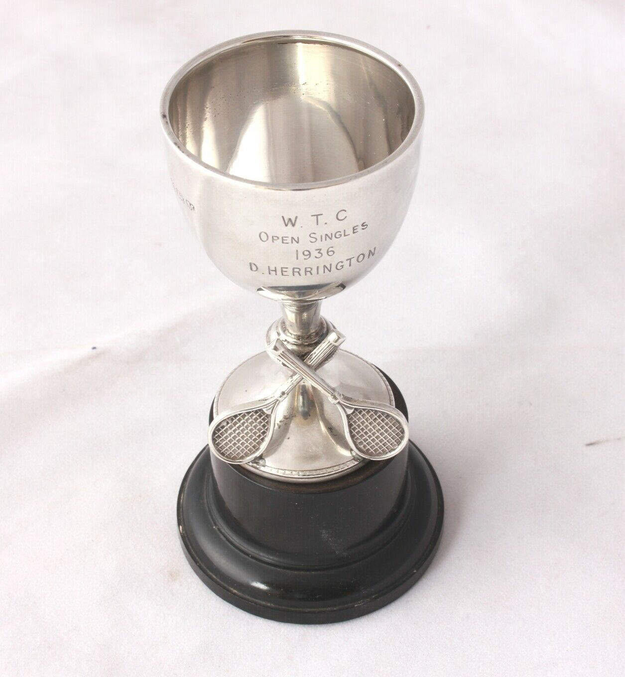Solid Silver Tennis Racket Trophy Cup. W.T.C Open Singles 1936.