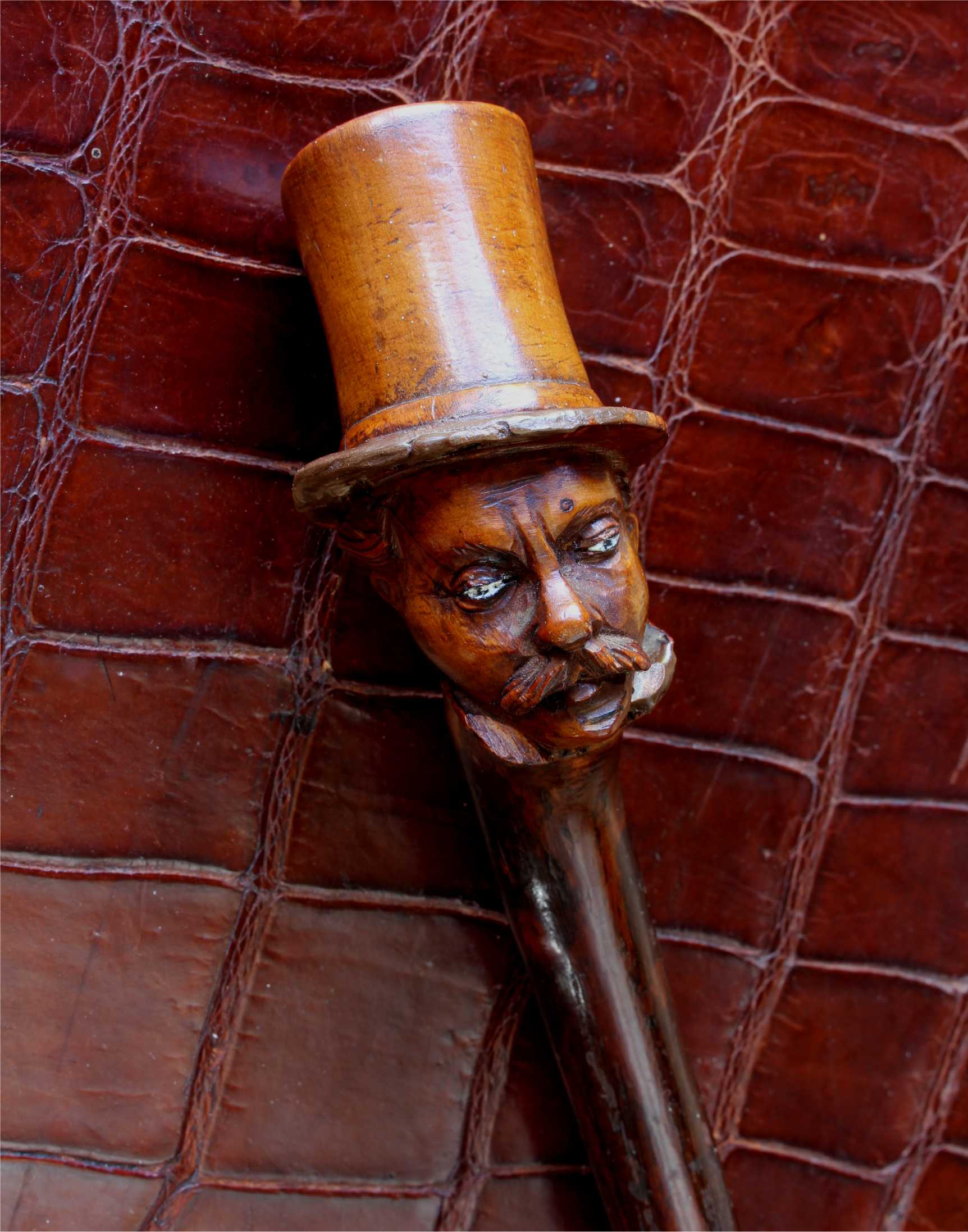 Carved Wood Gentleman Top Hat Walking Stick. Victorian Stovepipe Cane.