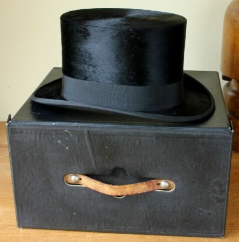 Silk Top Hat & Case. Black Plush Topper. Size UK 7.