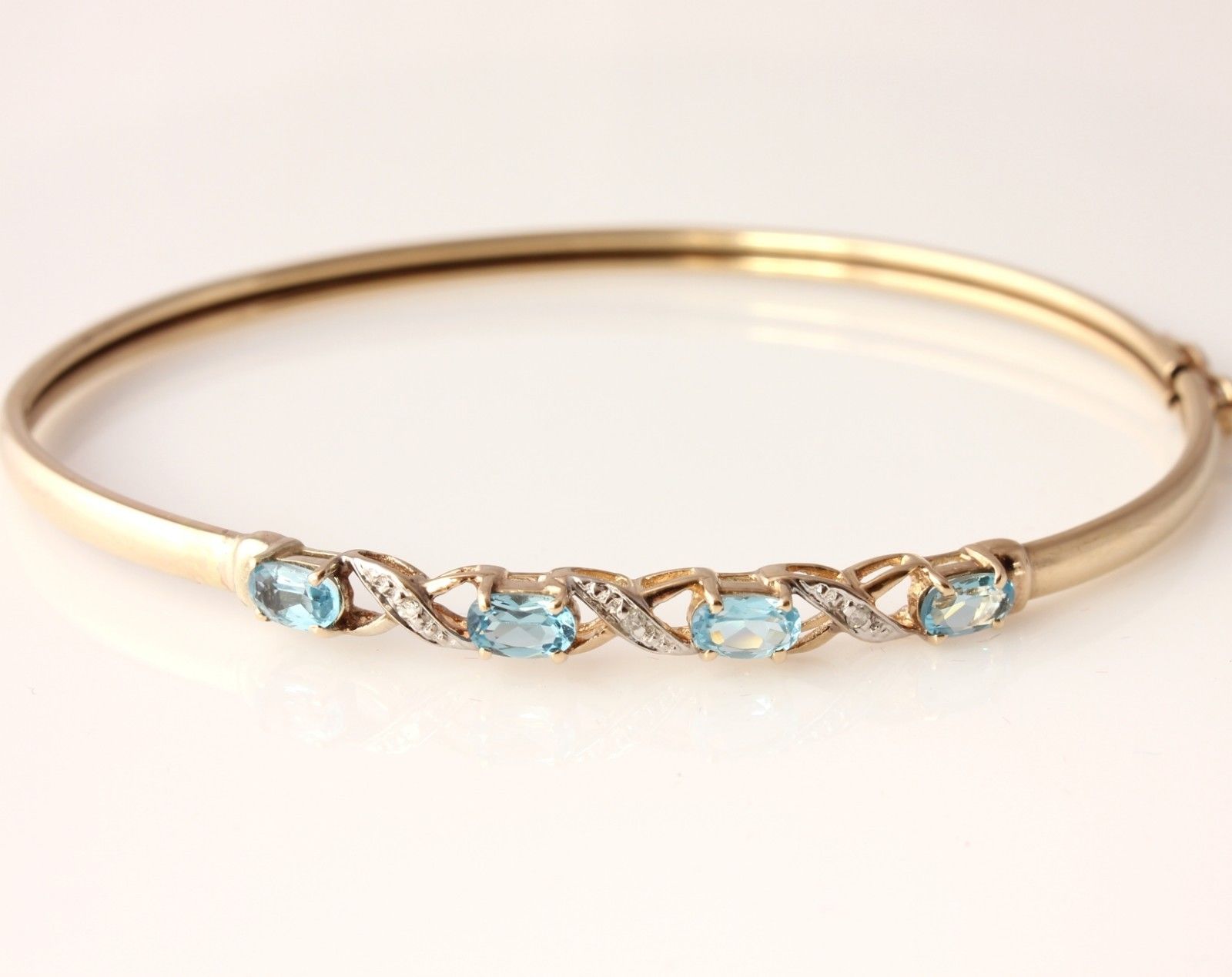 Vintage Yellow Gold Blue Topaz & Diamond Bangle Bracelet. Gift Boxed.