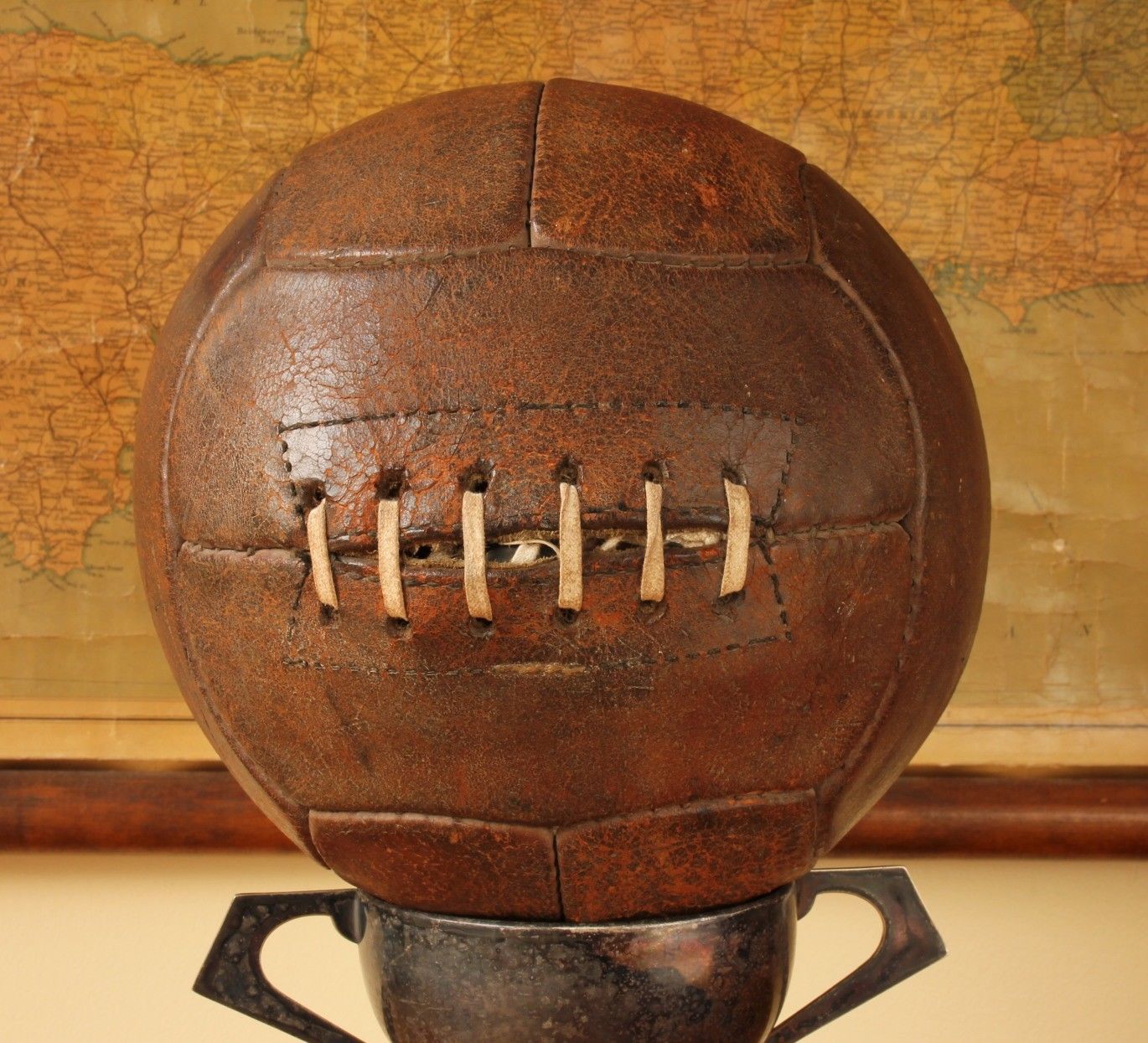 c1940 12 Panel Leather Football. Old Antique Laced Soccer Ball.