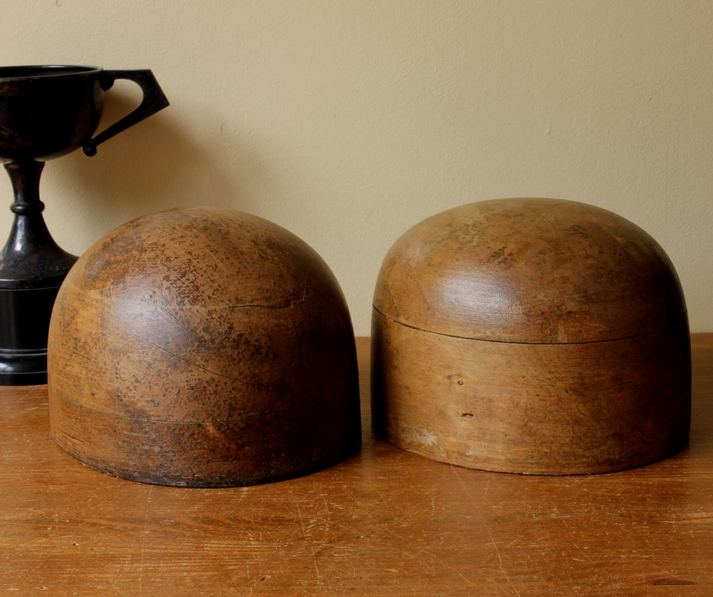Two Original Milliners Wooden Hat Blocks. Antique Wig Shop Displays.