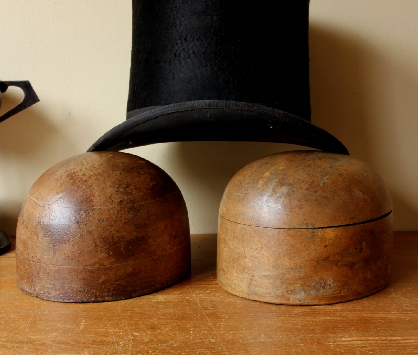 Two Original Milliners Wooden Hat Blocks Antique Wig Shop Displays two-original-milliners-wooden-hat-blocks-antique-wig-shop-displays