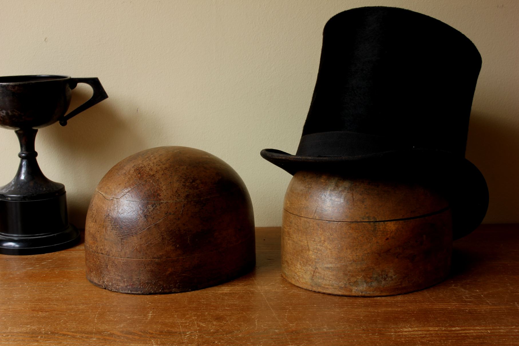 Two Original Milliners Wooden Hat Blocks. Antique Wig Shop Displays.